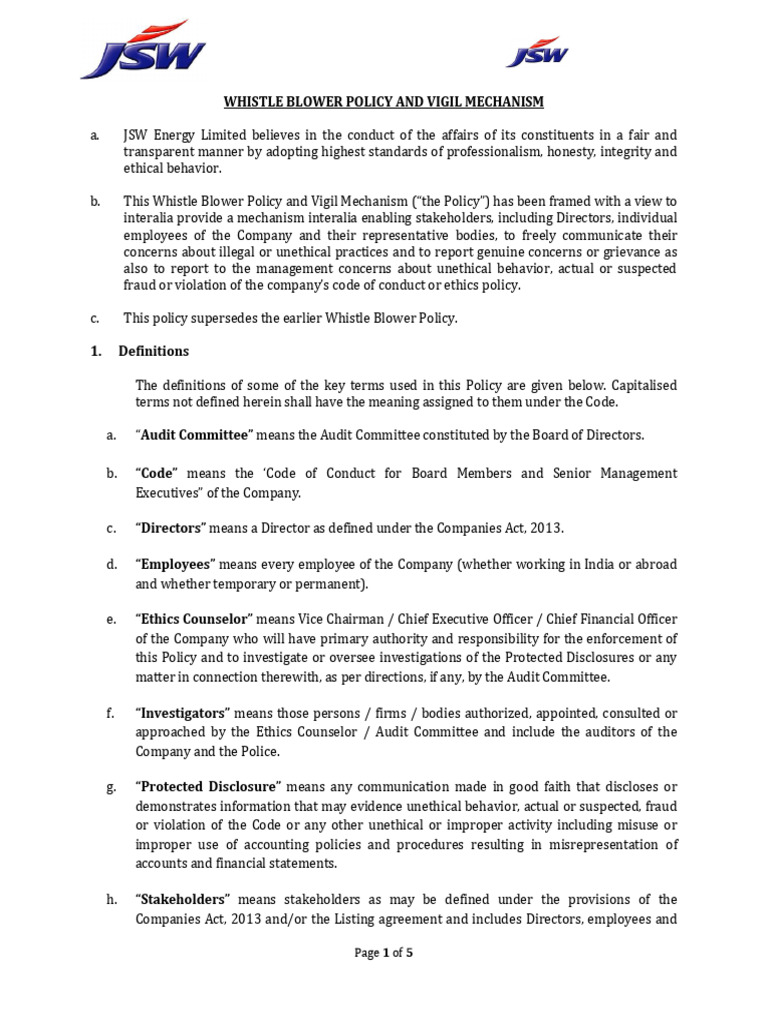 Whistle Blower Policy Overview | PDF | Audit Committee | Discovery (Law)