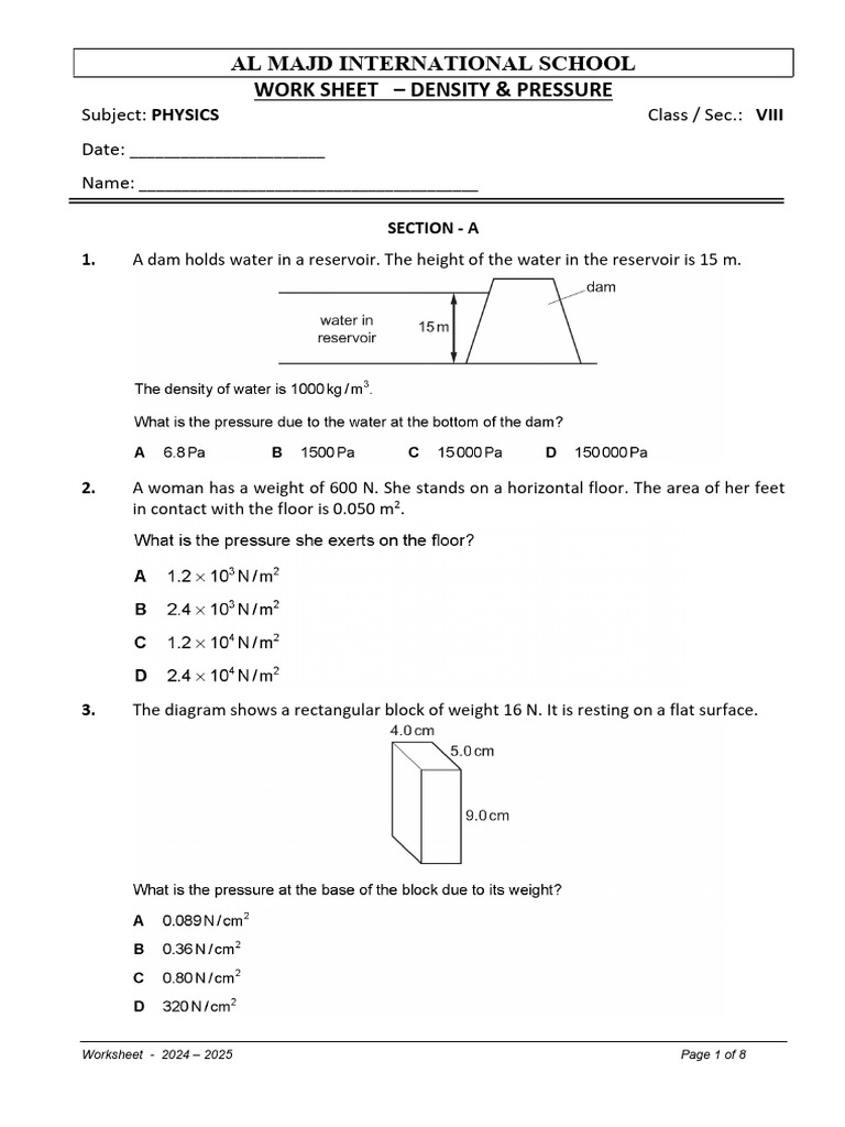 Density and Pressure Worksheet for VIII | PDF | Density | Volume