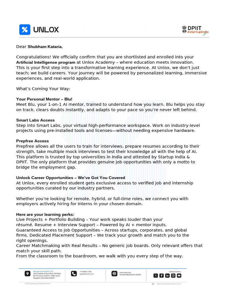 Confirmation Letter - Shubham Kataria | PDF | Artificial Intelligence ...
