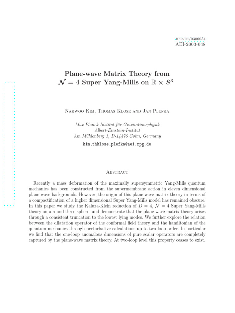 Plane-Wave Matrix Theory From N 4 Super Yang-Mills On R × S | PDF | String Theory | Perturbation ...