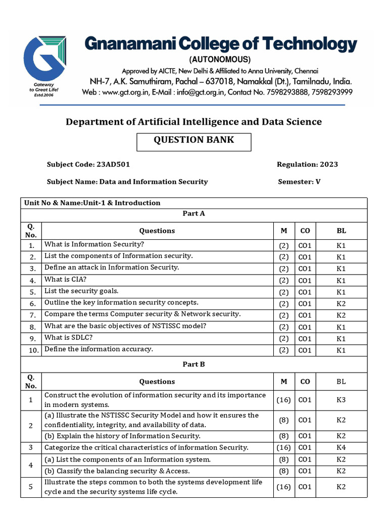 Data and Information Security Question Bank | PDF | Transport Layer ...
