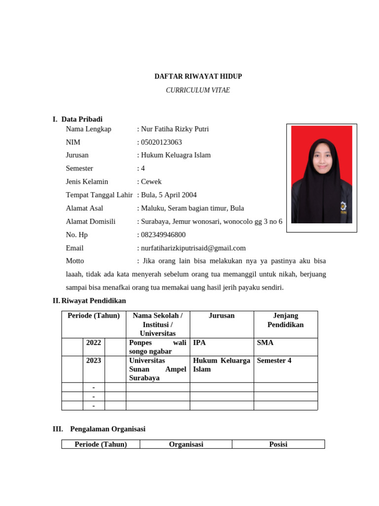 CV Nur Fatiha Rizky Putri - Nur Fatiha Rizki Putri Said | PDF