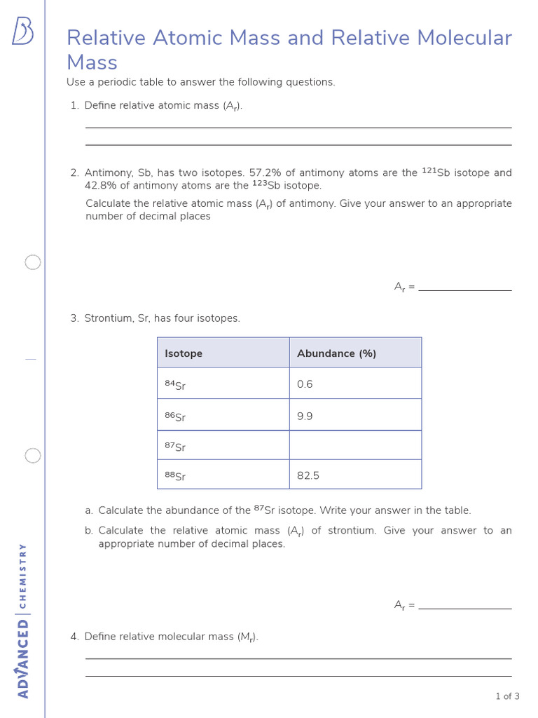 Relative Atomic Mass and Relative Molecular Mass Questions | PDF ...