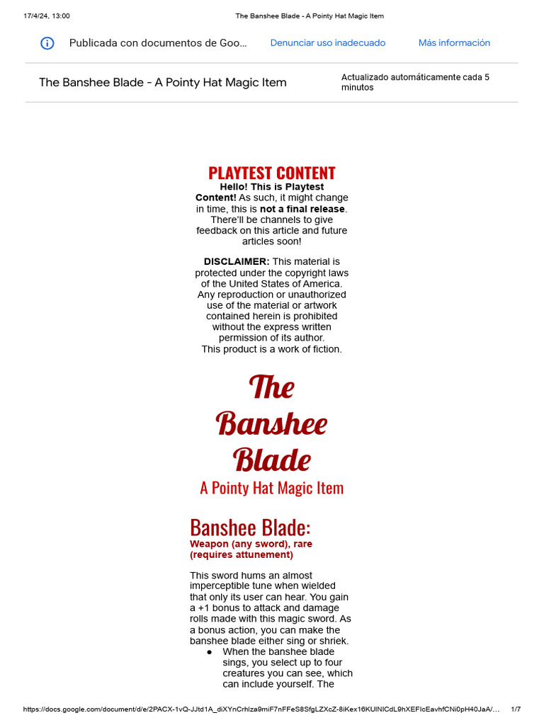 The Banshee Blade - A Pointy Hat Magic Item | PDF | Copyright | License