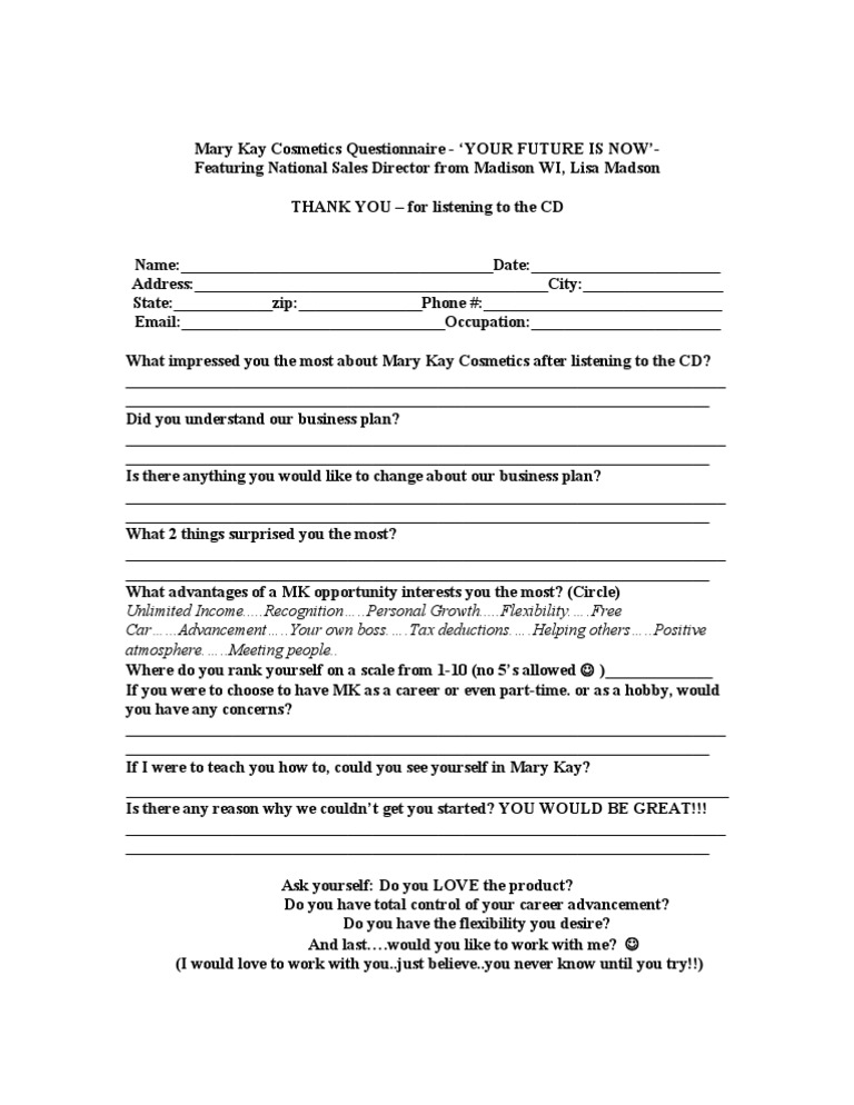 Mary Kay Cosmetics Questionnaire | PDF