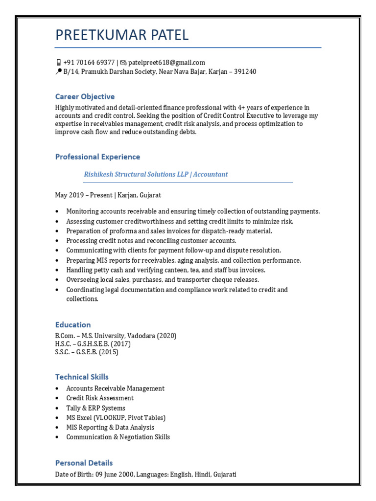 Credit Control Executive Resume | PDF