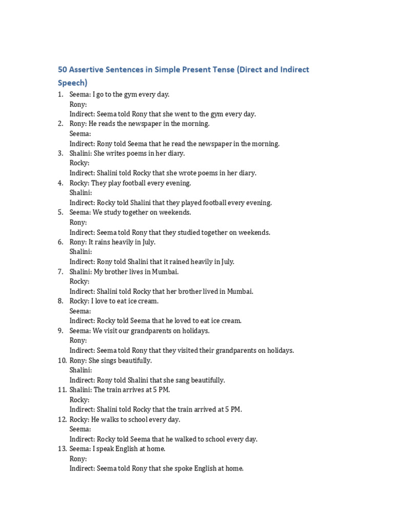 Assertive Sentences Simple Present Direct Indirect | PDF
