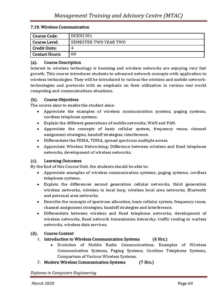Course Outline - Wireless Communication | PDF | Cellular Network | Channel Access Method