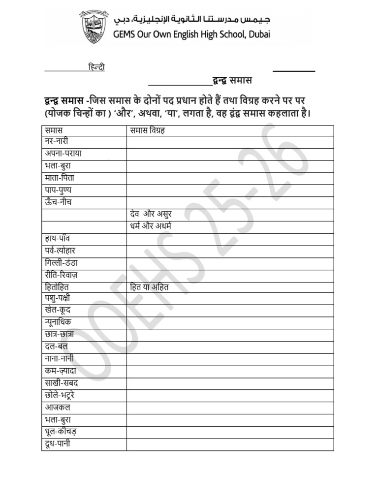 Worksheet of DVAND SAMAS - 25-26 | PDF