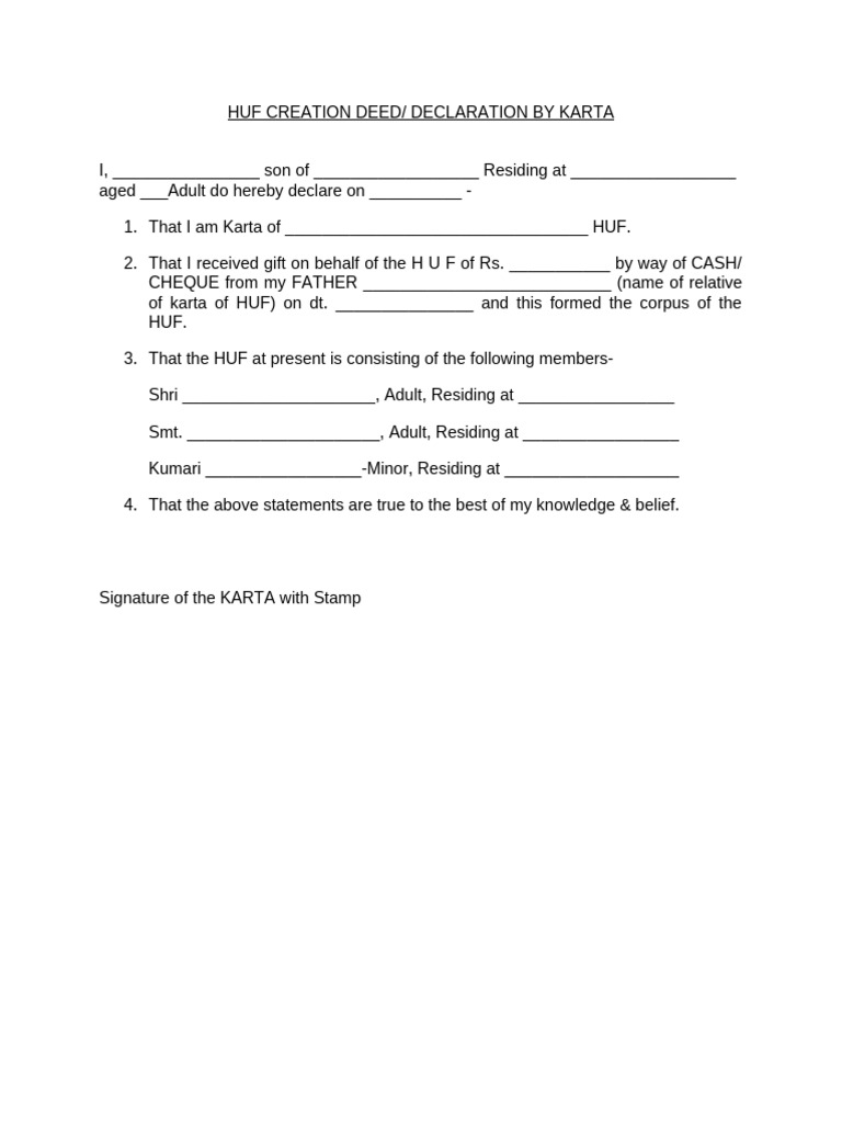 HUF Creation Deed Declaration by Karta | PDF