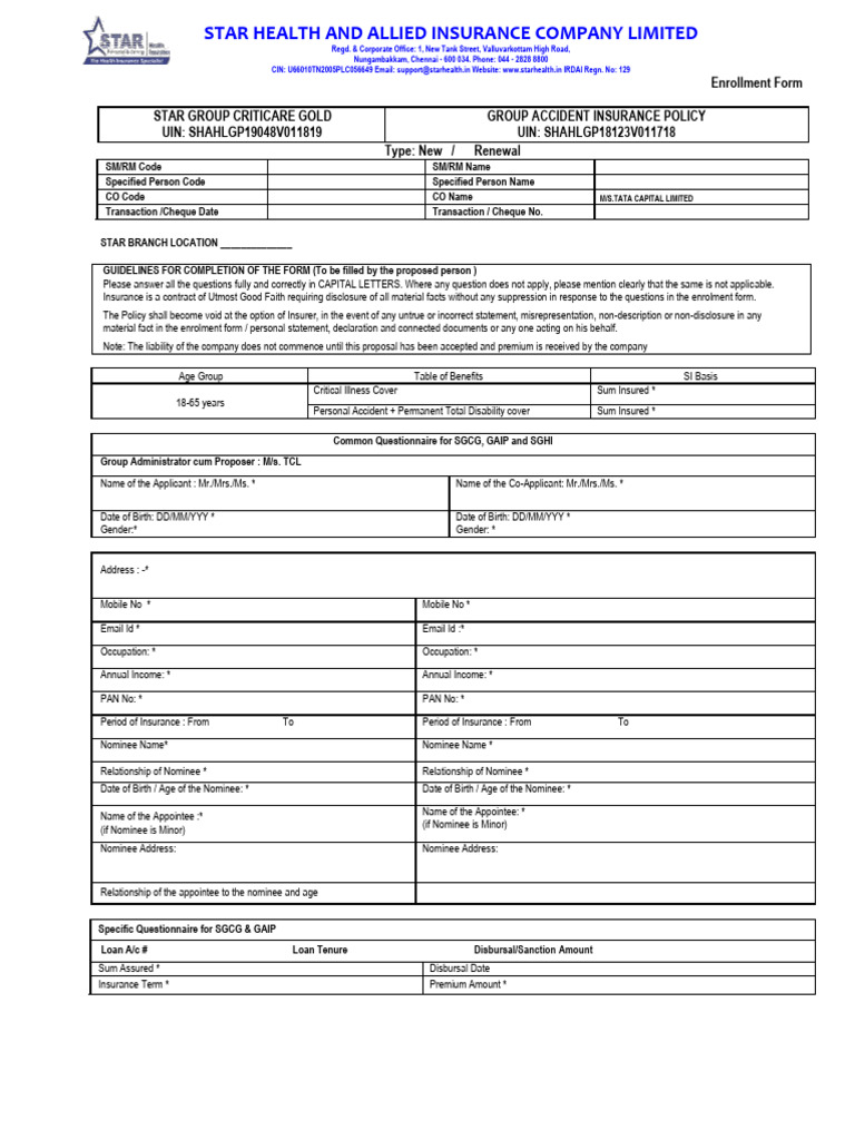 Insurance Form - Star Health - Gcc+pa Enrolment Form - PL BL Uc Lap ...
