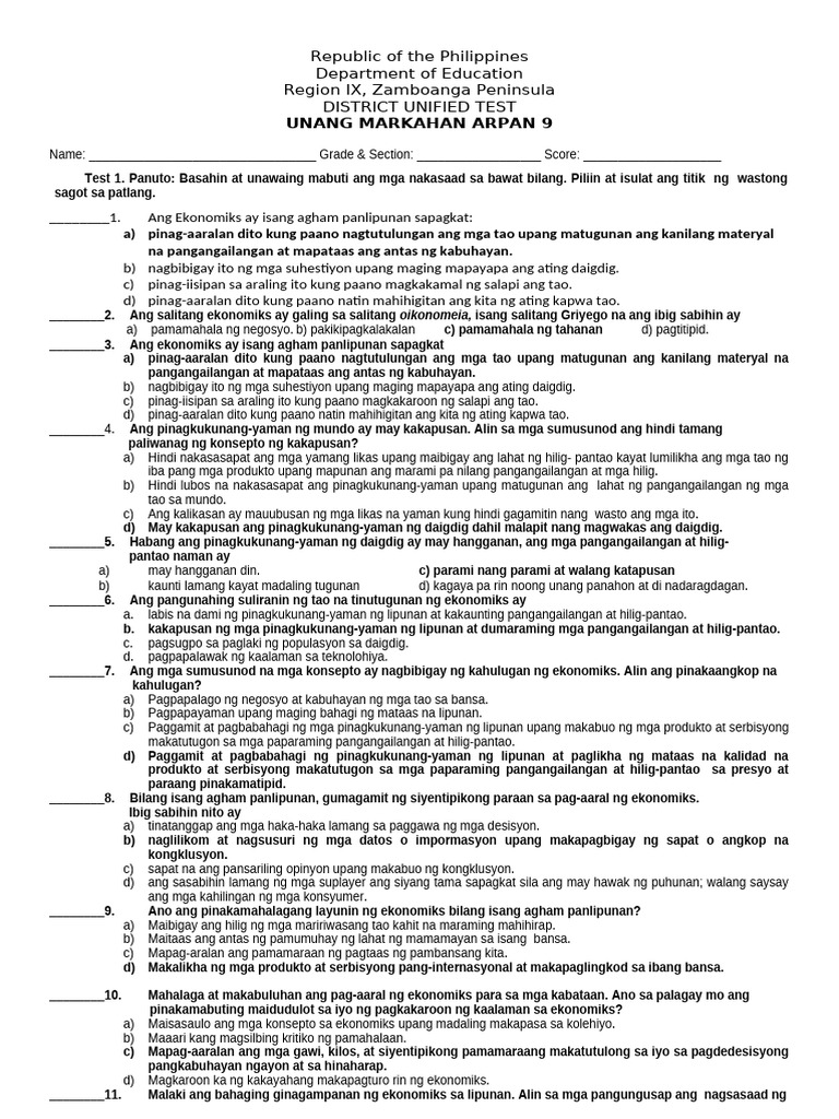 AP 9 Q1 TQ Unified | PDF