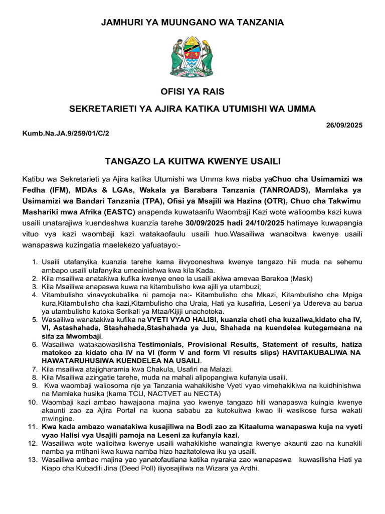 20252709320836tangazo La Majina Ya Nyongeza | PDF