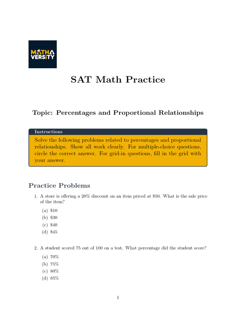 Percentages and Proportional Relationships SAT Maths Worksheet | PDF ...