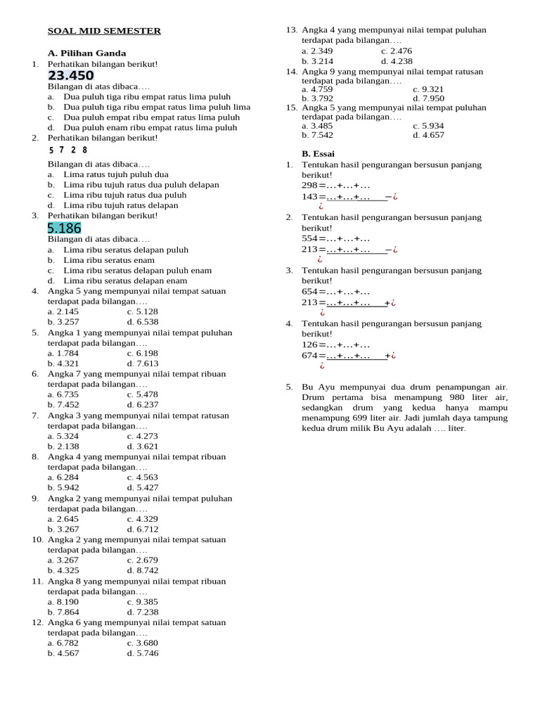 Soal Mid Semester Kelas 4 MTK | PDF