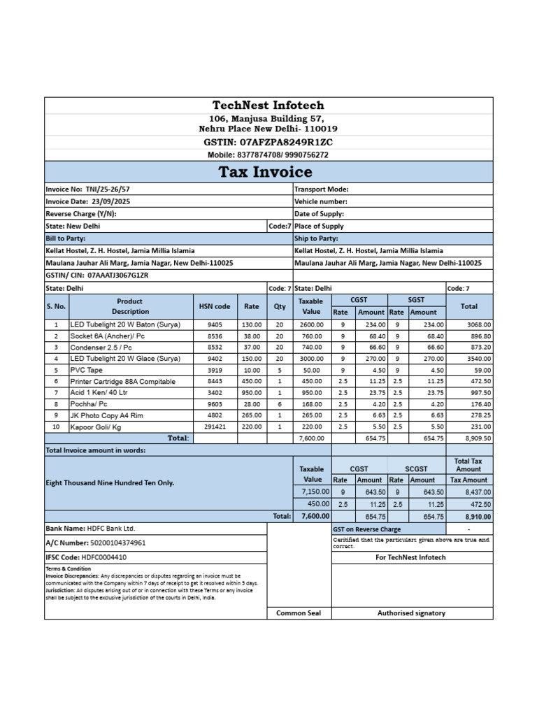 Electrical Items+ Acid, Kellat House, JMI, Tax Invoice No. 57-230925 ...