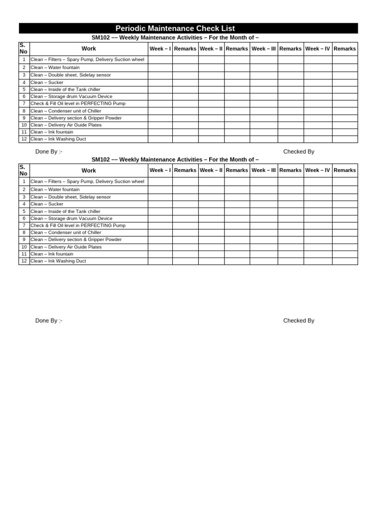 SM102 Maintenance Checklist Guide | PDF | Pump | Clutch