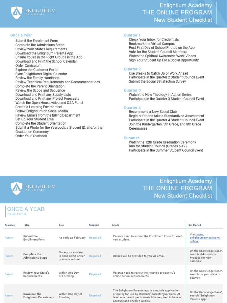 New Student Checklist for Enlightium Academy | PDF