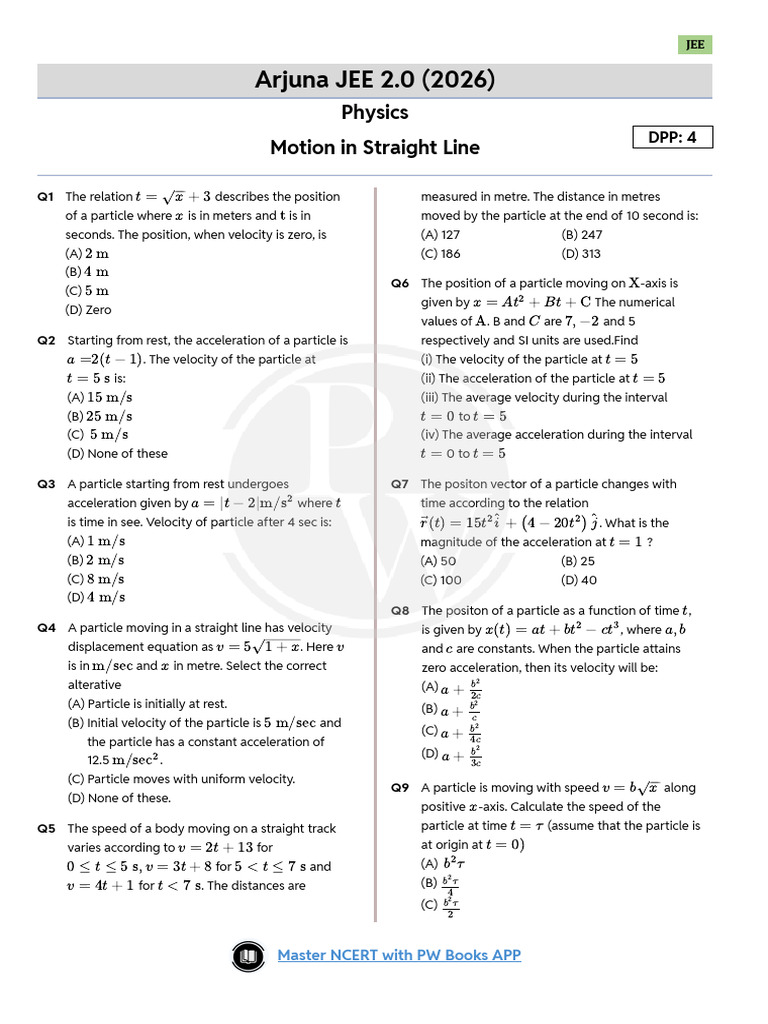 Motion in Straight Line - DPP 04 (Of Lec 08) PDF | PDF | Acceleration | Velocity