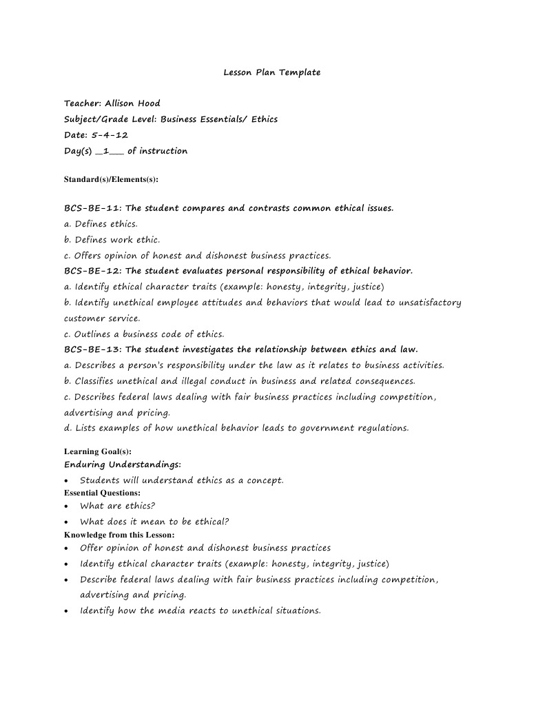 Daily Lesson Plan Folder 5 | PDF | Business Ethics | Lesson Plan