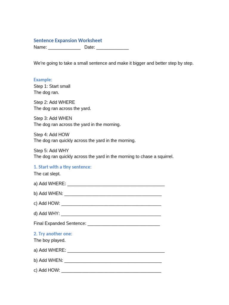 Sentence Expansion Worksheet Professional | PDF