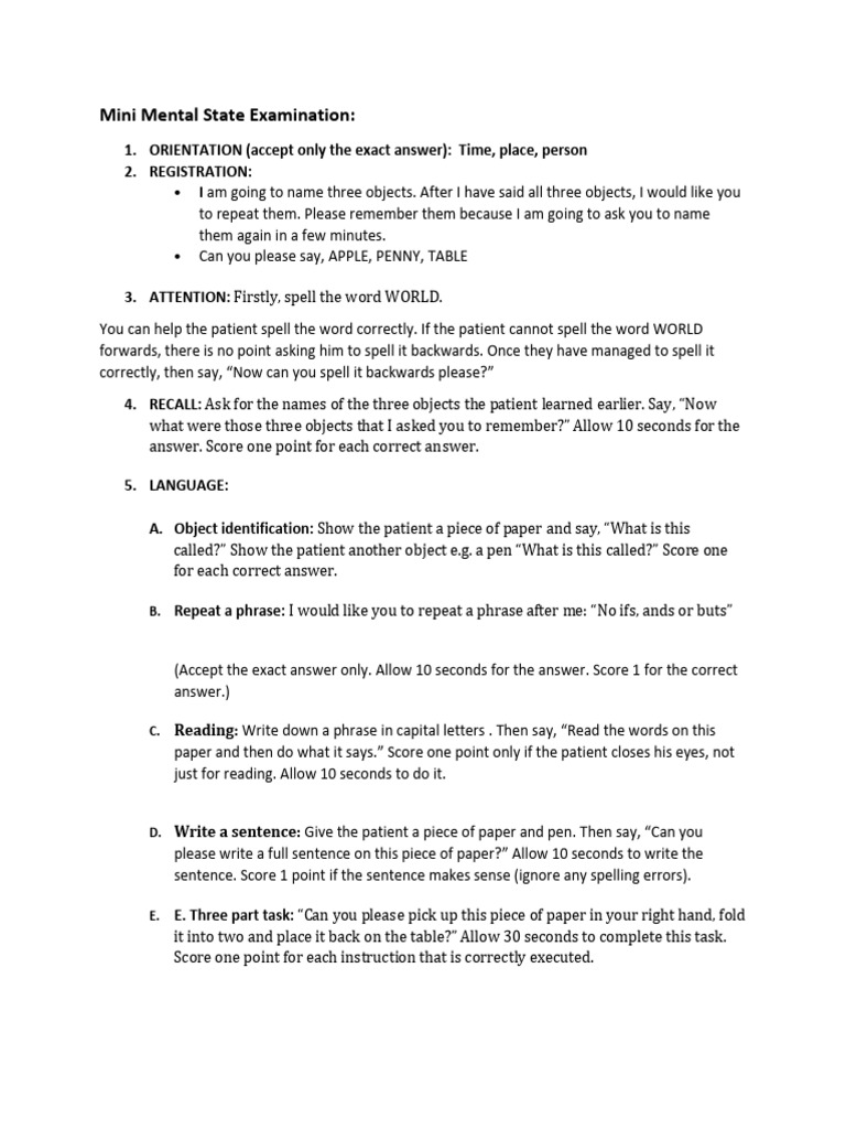 Mini Mental State Exam Overview | PDF | Cognitive Science | Neuroscience