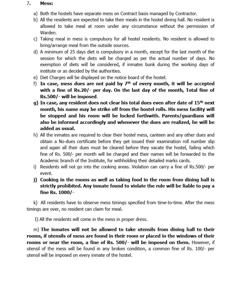 Hostel Mess Rules and Regulations | PDF | Cafeteria