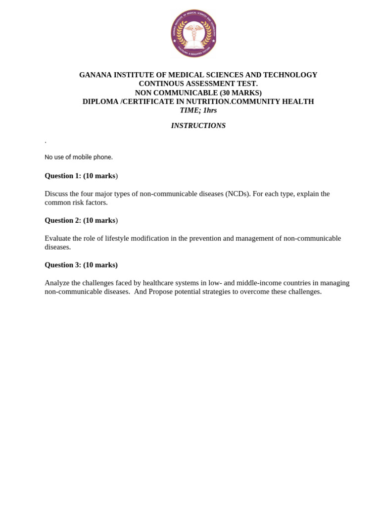 Non-Communicable Diseases Assessment Test | PDF