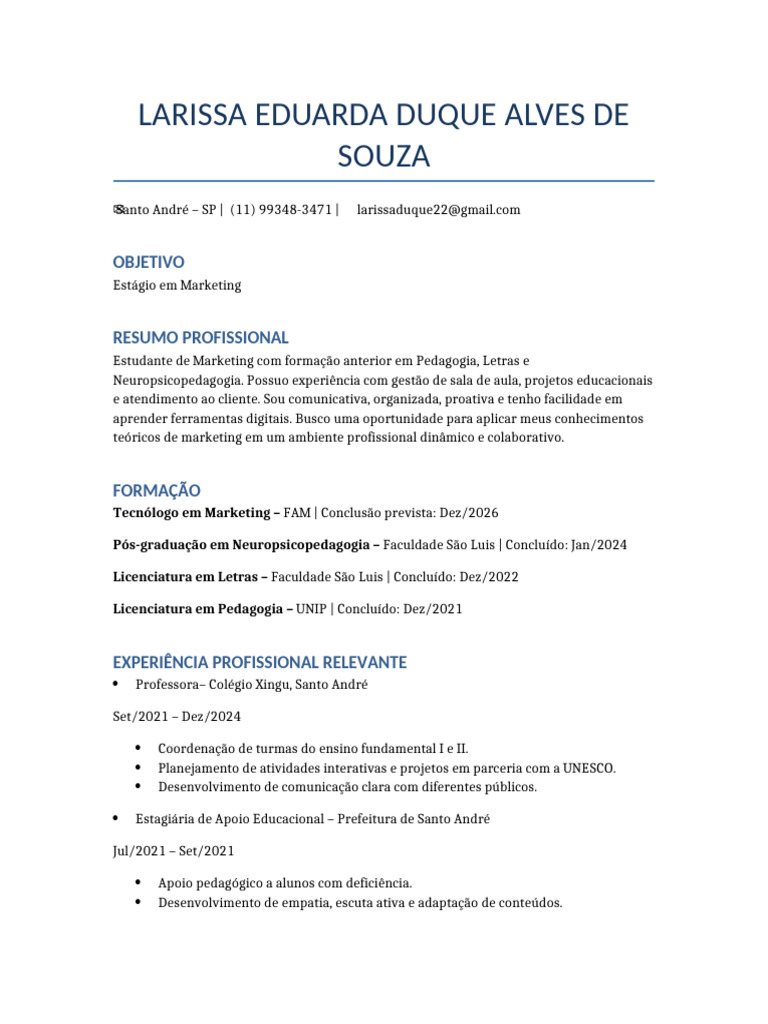 Curriculo Larissa Duque | PDF