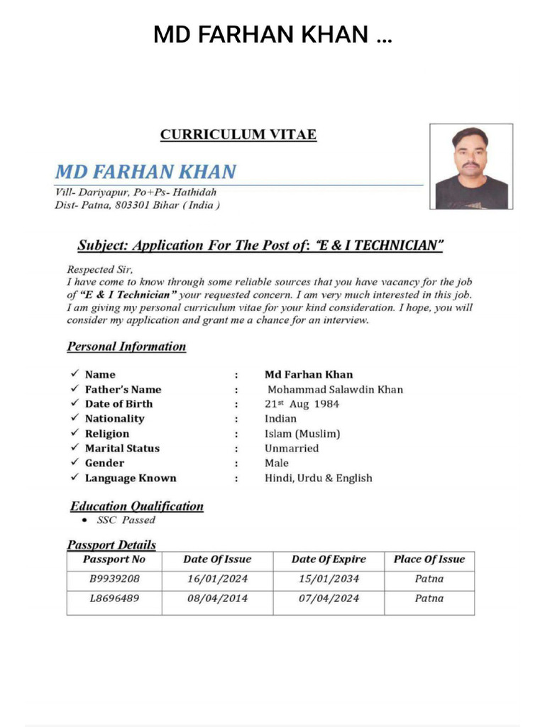 MD Farhan Khan - E&i Technician - CC Return | PDF