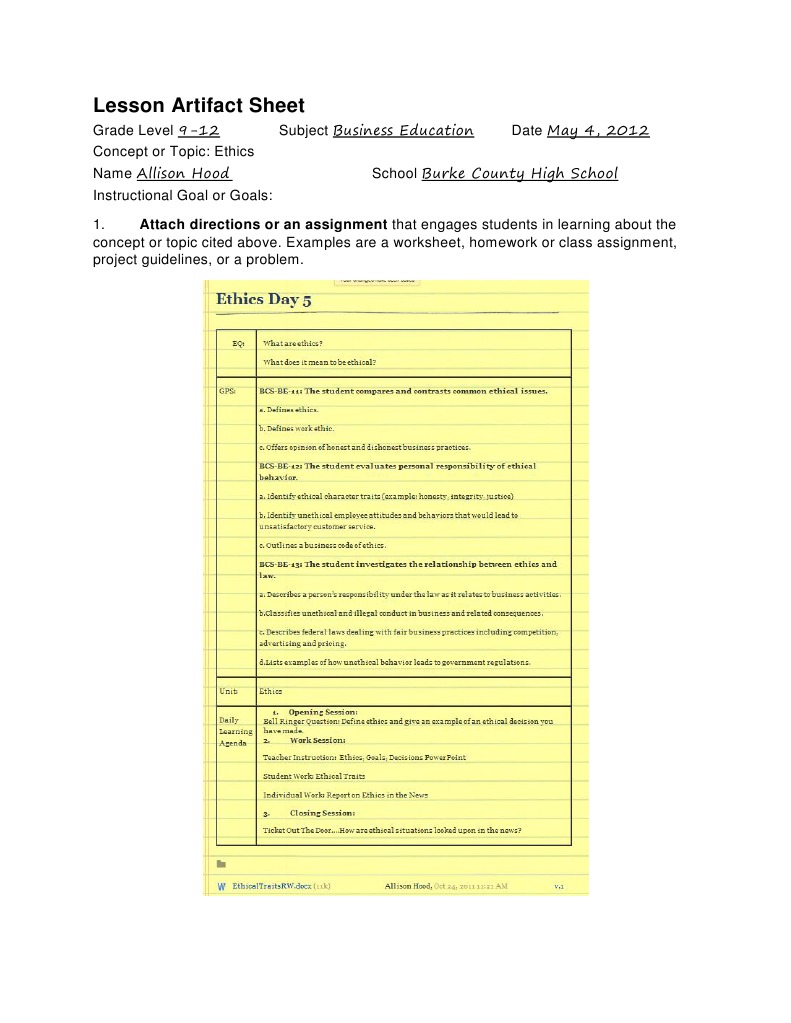 Lesson Artifact Sheet Folder 5 | PDF