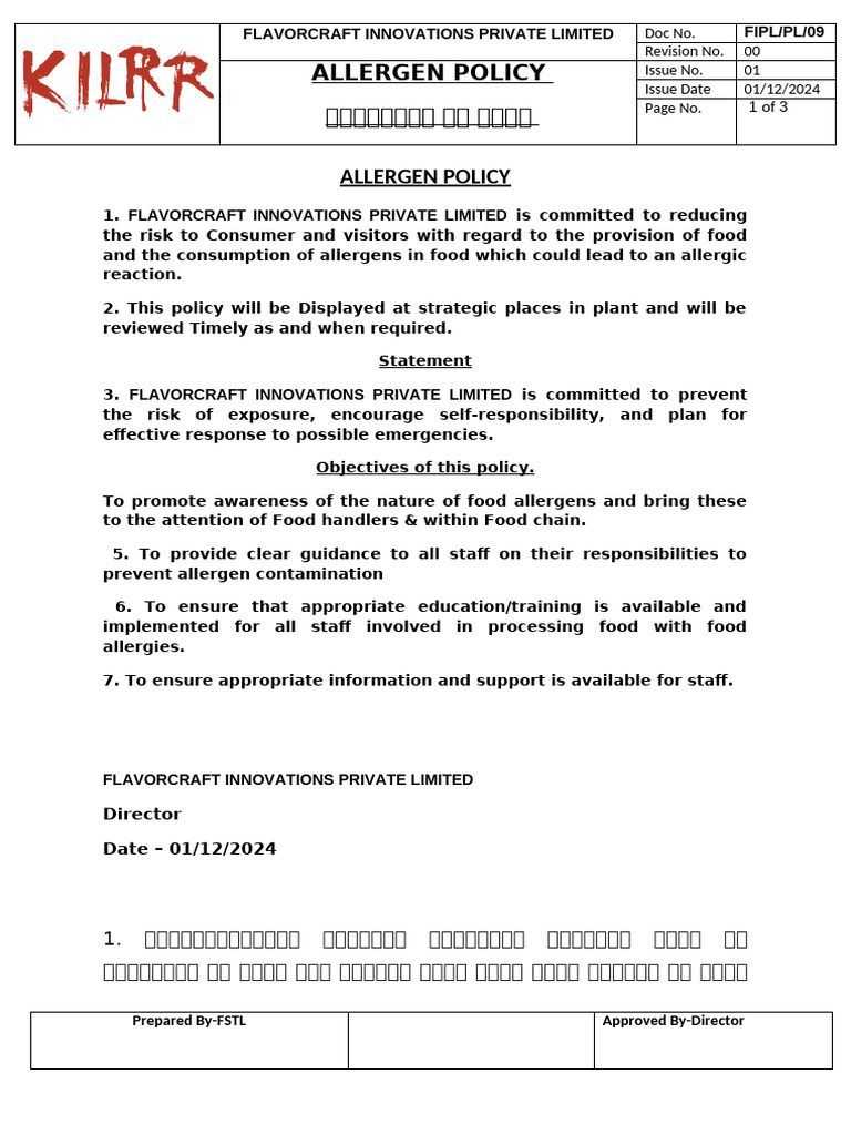 Pi - 09 - Allergen Policy & List of Allergen Not Be Carried Inside Work ...