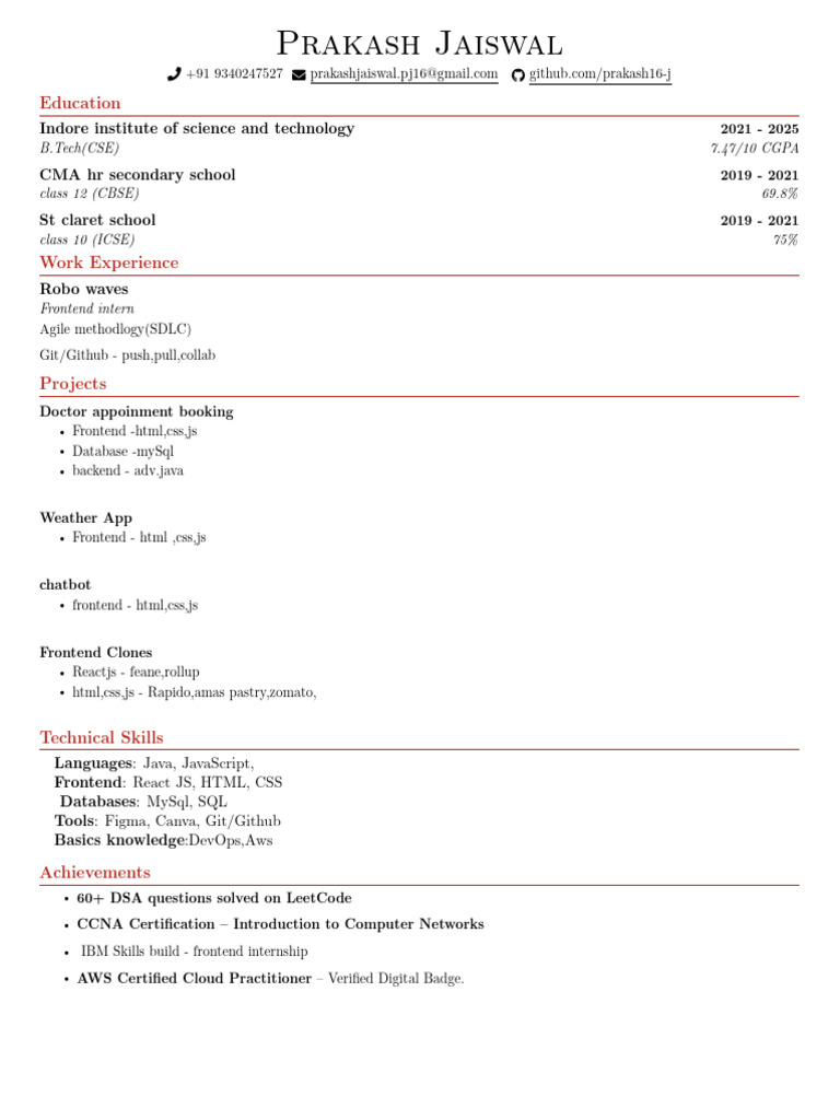 Prakash Jaiswal: B.Tech CSE Resume | PDF