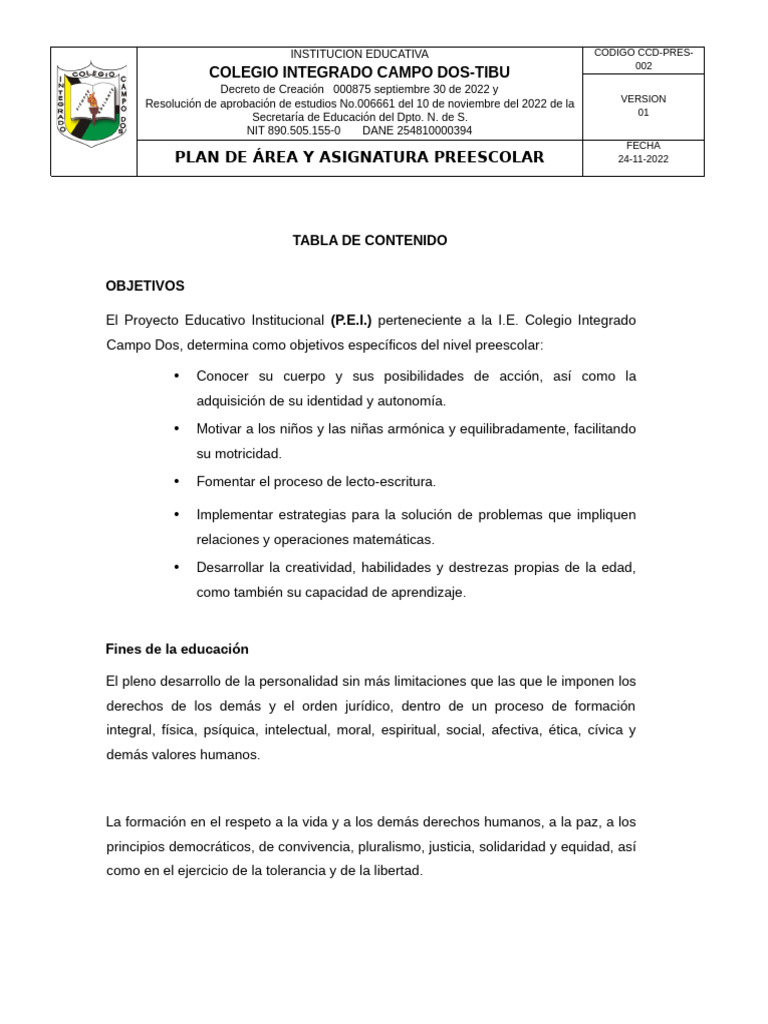 Plan de Area y Asignatura de Preescolar 2024 para Editar-1 | PDF ...