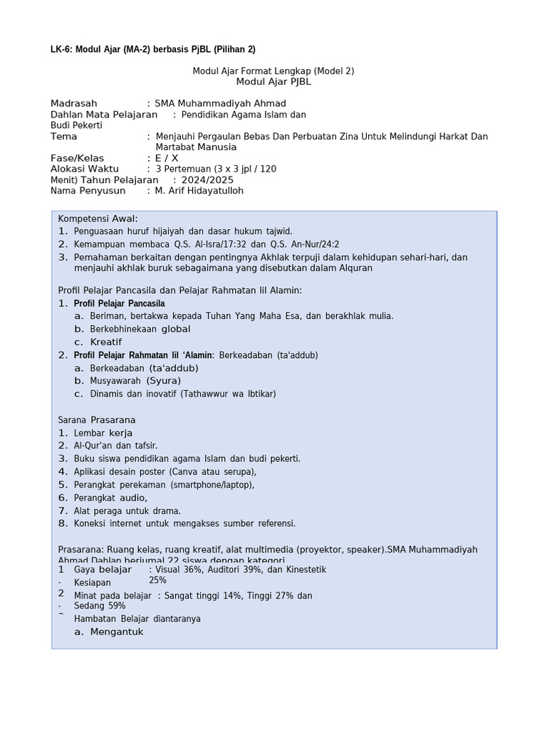 Contoh Modul Ajar PJBL | PDF