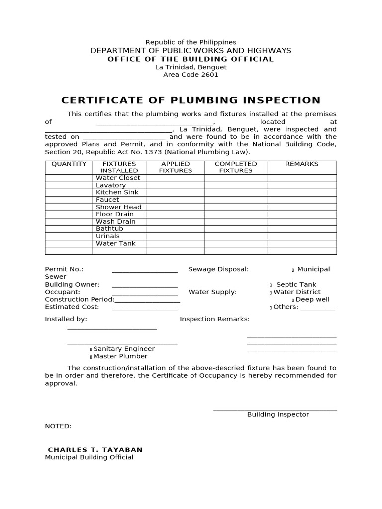 Certificate of Plumbing Inspection | PDF