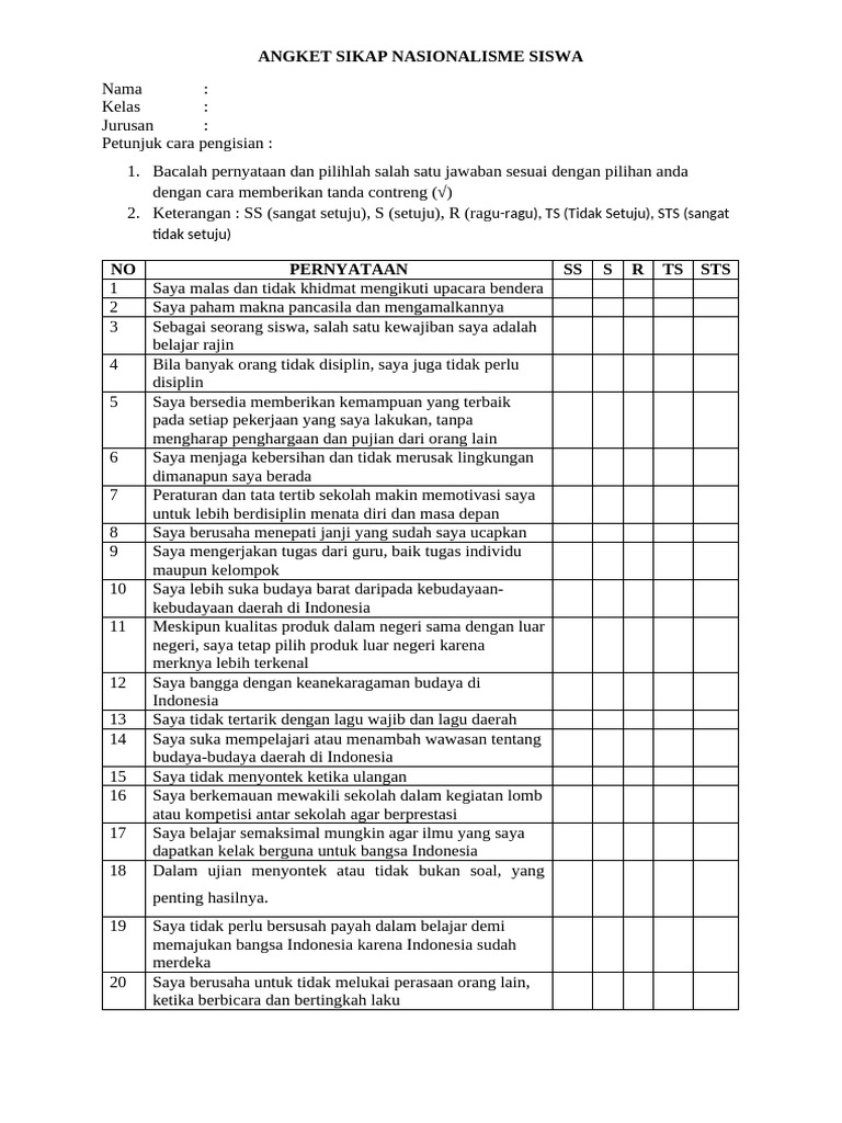 Angket Sikap Nasionalisme Siswa | PDF