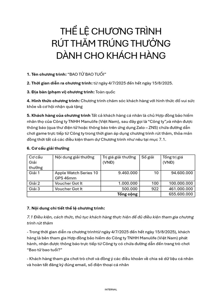 The Le Chuong Trinh Rut Tham Trung Thuong Danh Cho Khach Hang | PDF