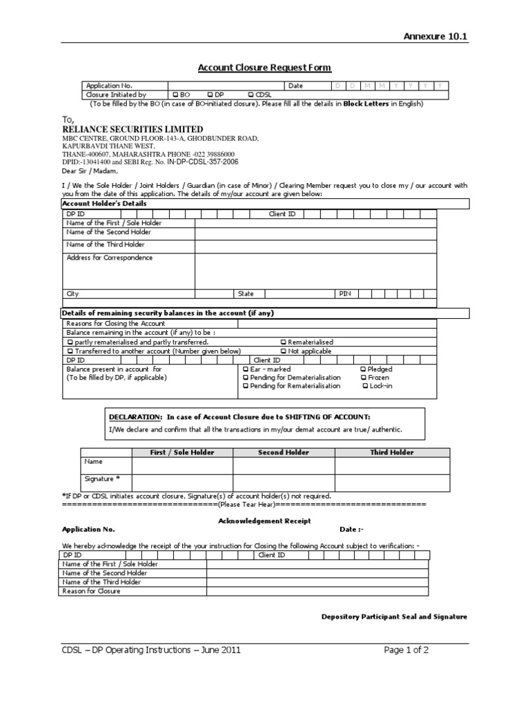 CDSL Account Closure Request Form | PDF | Business | Computing And ...