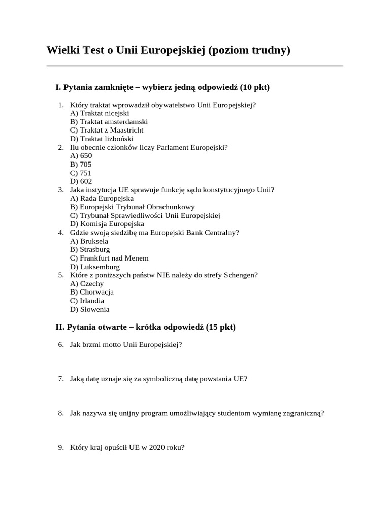 Wielki Test o Unii Europejskiej 1 | PDF