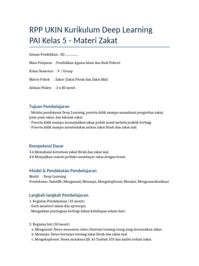 RPP UKIN DeepLearning PAI Kelas5 Zakat | PDF