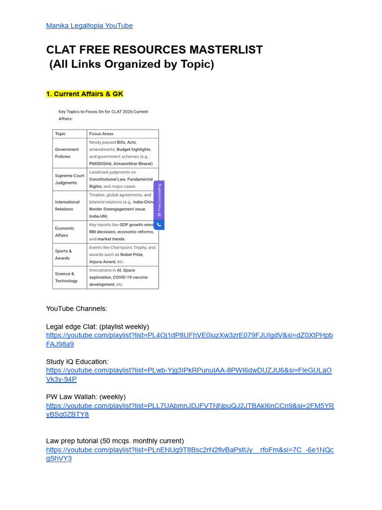 CLAT Free Resources Masterlist | PDF