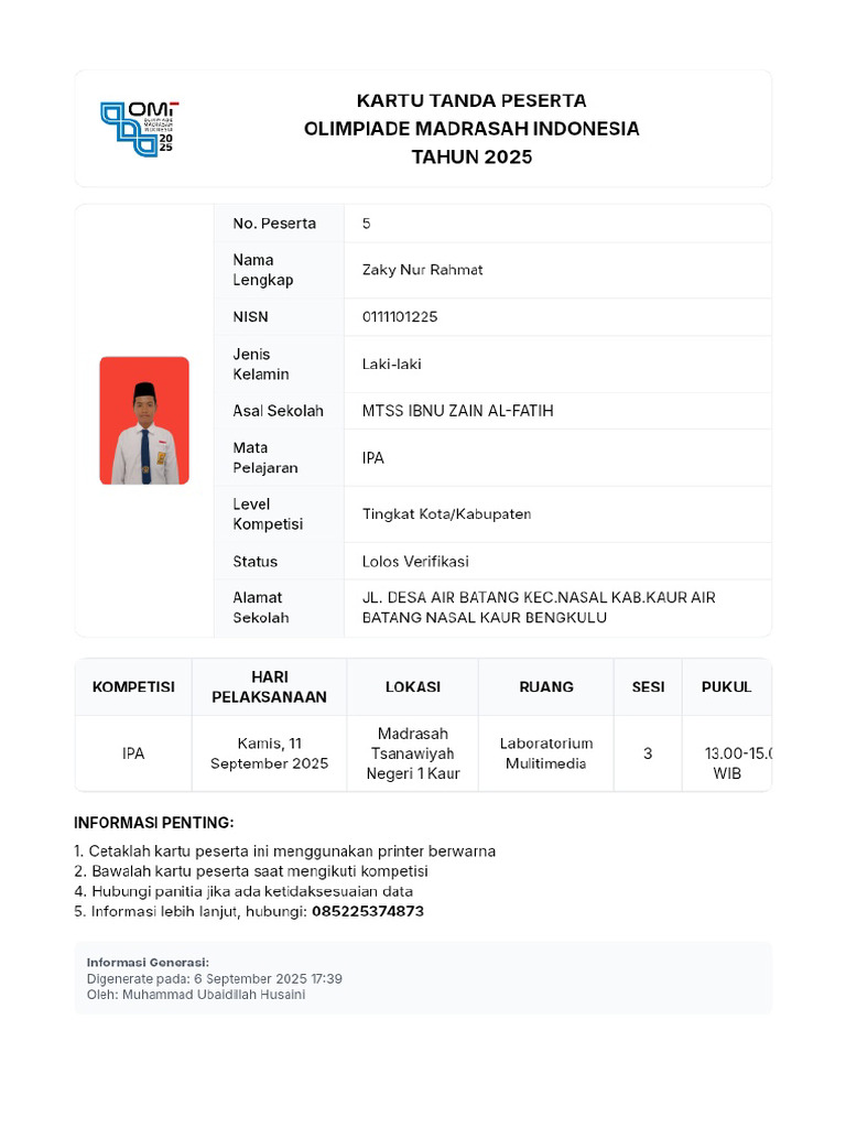 Kartu Peserta Zaky Nur Rahmat 2025 09 06 | PDF