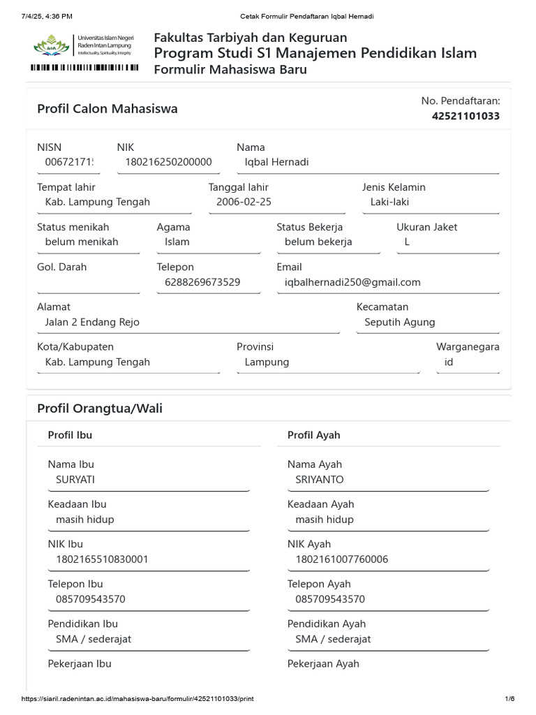 Formulir Pendaftaran Mahasiswa Baru | PDF