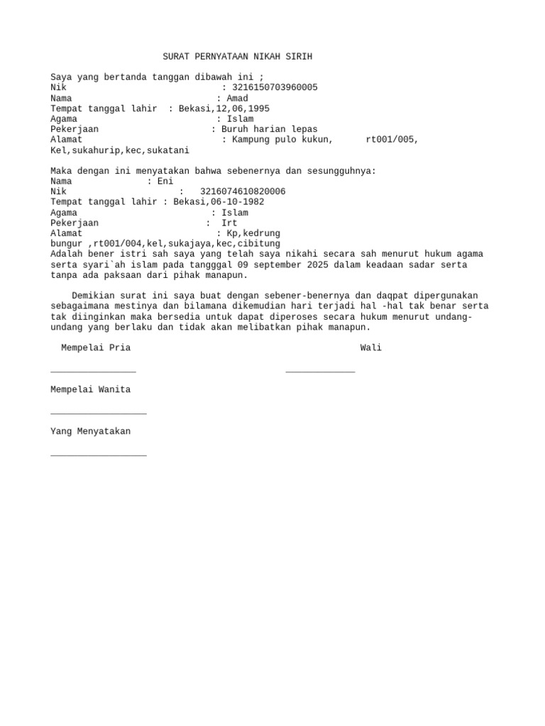 Surat Pernyataan Nikah Sirih Islam | PDF