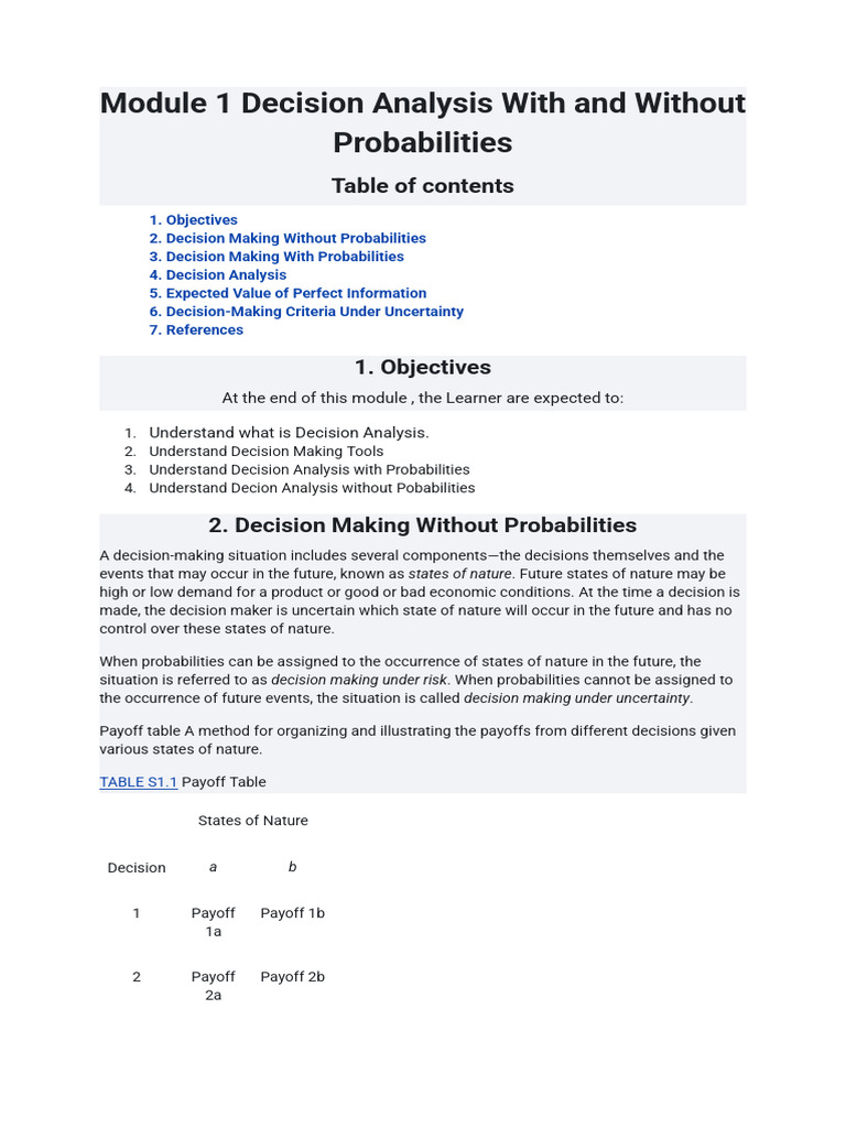Module 1 Decision Analysis With and Without Probabilities | PDF ...