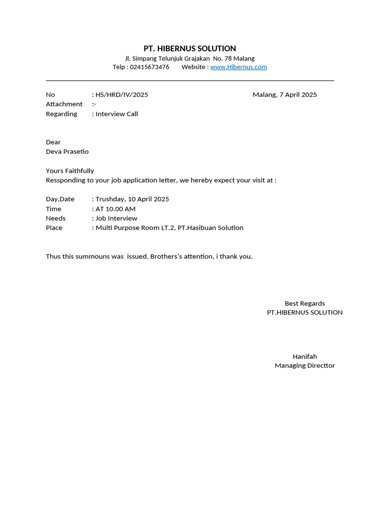 Interview Call for Deva Prasetio | PDF
