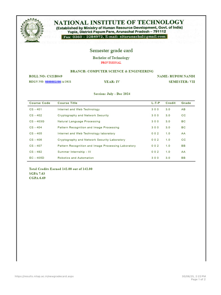 Semester 7 Grade Card Summary | PDF
