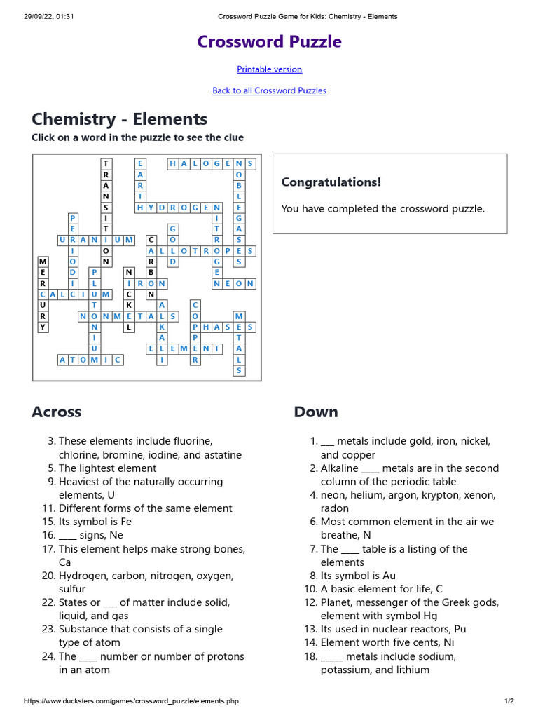 Kids' Chemistry Crossword Puzzle | PDF | Chemical Elements | Periodic Table