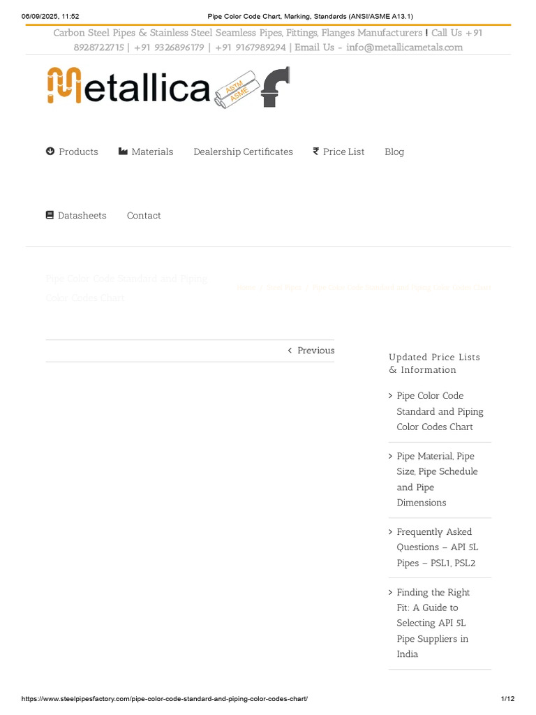 Pipe Color Code Chart, Marking, Standards (ANSI - ASME A13.1) | PDF ...